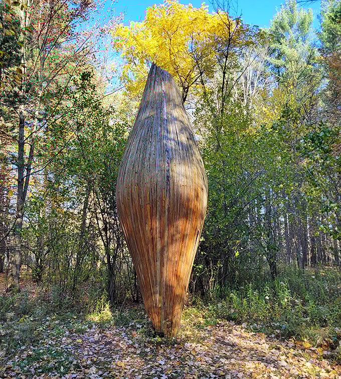 This metal bird character seems caught mid-story, like a character from a Midwestern fable taking a momentary break from its adventures.