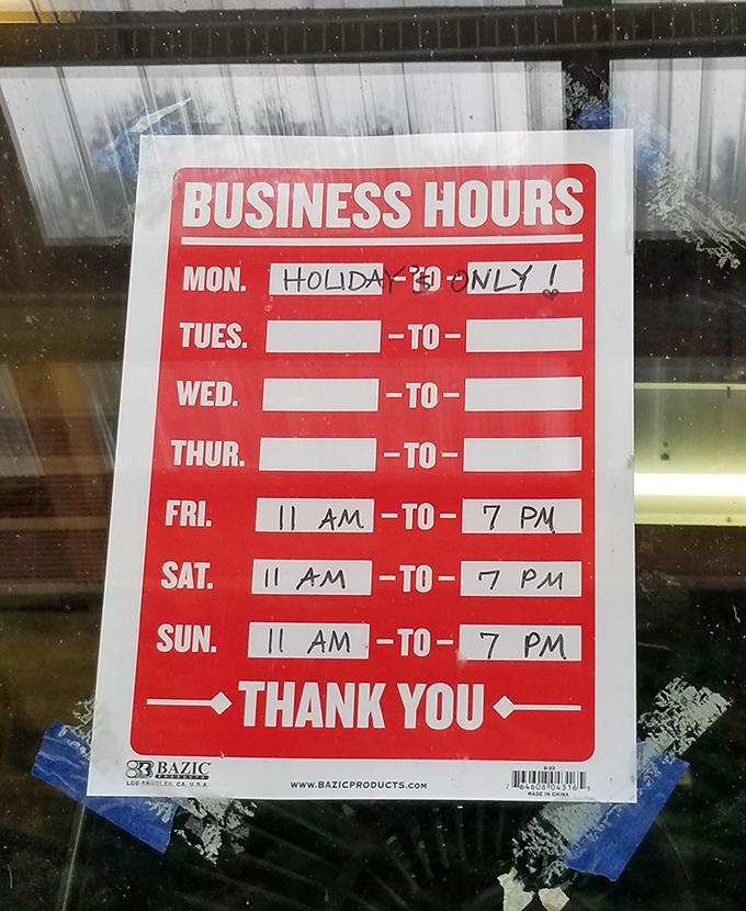 Business hours that tell you everything about Vermont priorities: closed most weekdays, open when it matters for soup emergencies.