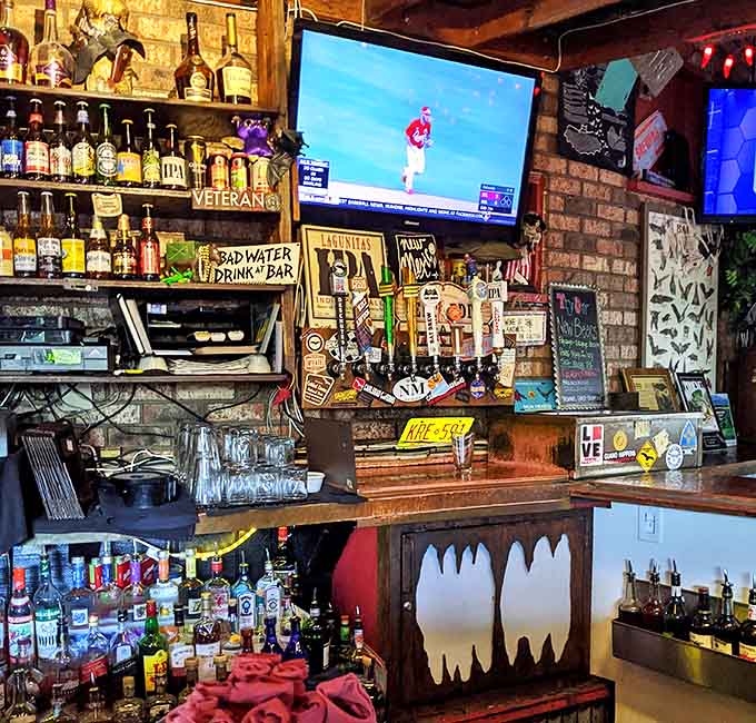 The bar area serves up drinks with personality, surrounded by enough quirky decor to keep your eyes entertained between sips.