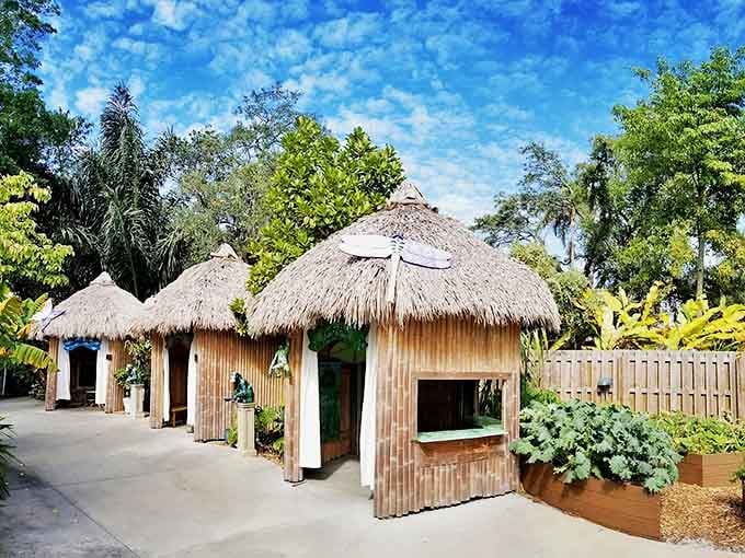 Bamboo huts with thatched roofs create an authentic rainforest village atmosphere where learning feels like an exotic adventure.