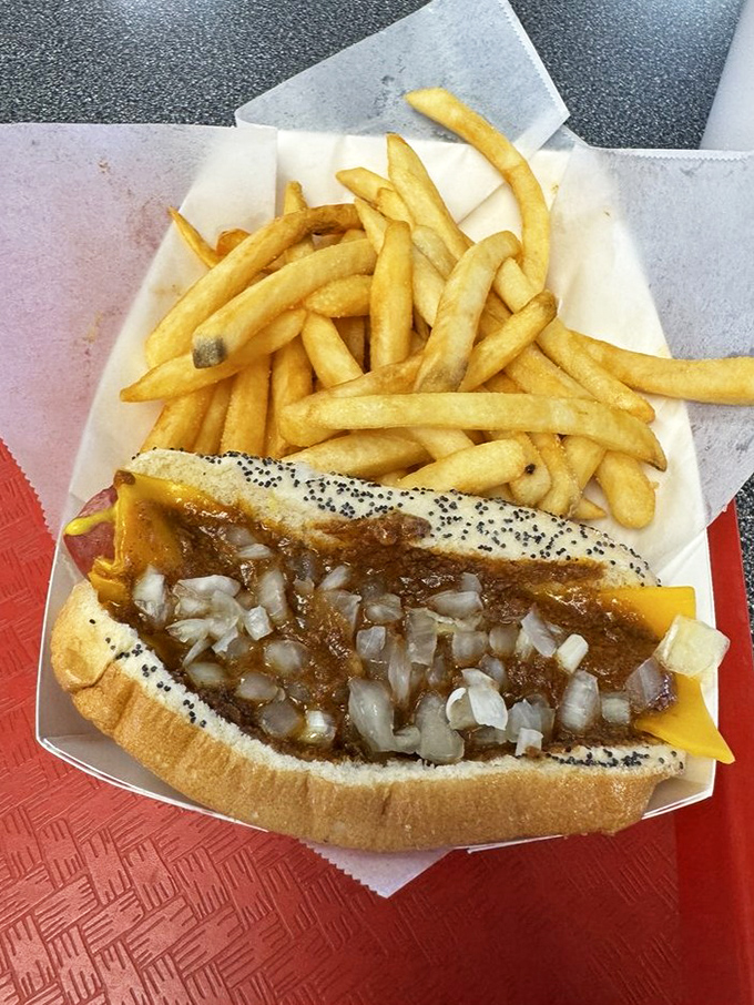 The chili dog – gloriously messy and worth every napkin, topped with melty cheese and diced onions for the perfect bite.