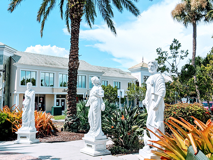 Classical statues throughout the circle remind visitors of John Ringling's European inspirations, creating unexpected moments of serenity amid the shopping buzz.