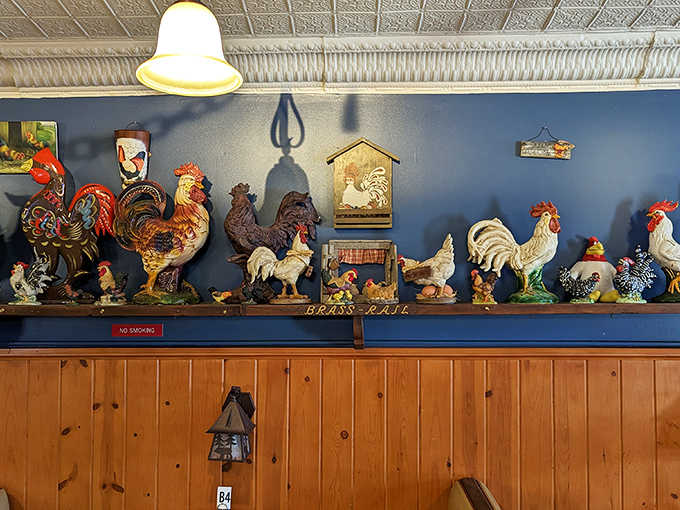 The rooster collection isn't just decor &ndash; it's a quirky gallery of guardians watching over generations of satisfied diners.