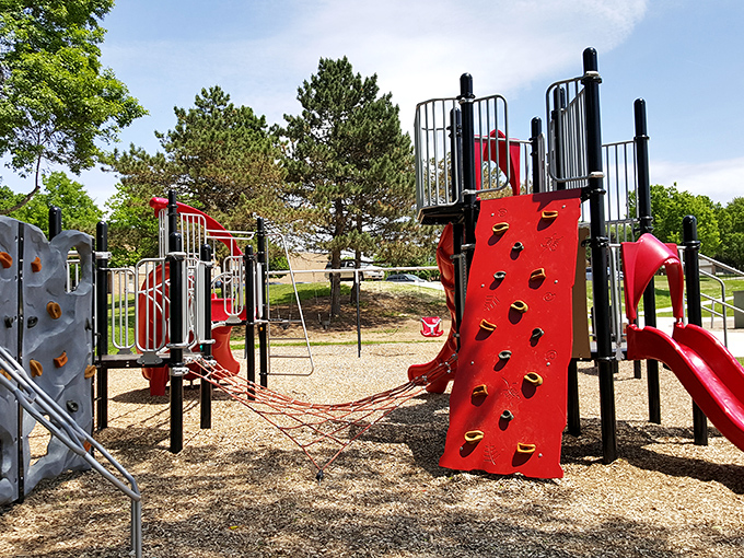 Edison Park's modern playground equipment invites grandkids to burn energy while grandparents watch from benches, grateful for both the fun and rest stops.