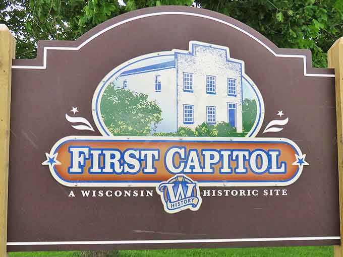 The First Capitol sign welcomes history buffs and curious travelers alike to discover Wisconsin's political origins—no appointment or admission fee necessary!