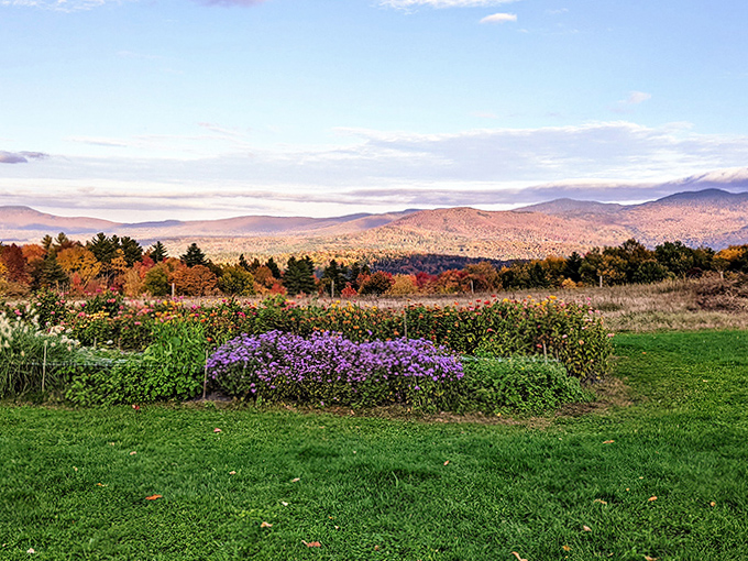 Gardens burst with autumn color, creating a foreground worthy of the mountain majesty that serves as nature's perfect backdrop.