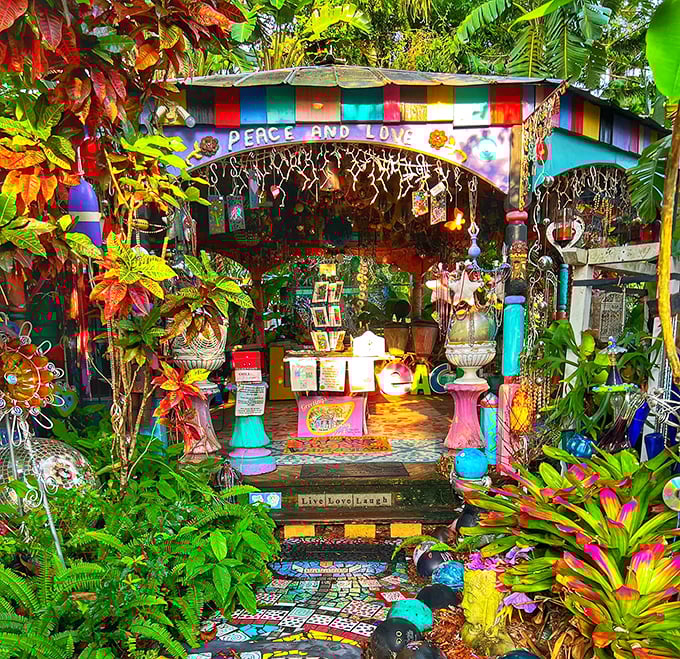 This vibrant vendor stand bursts with color, offering treasures amid a jungle of ornaments that dangle like exotic fruits.