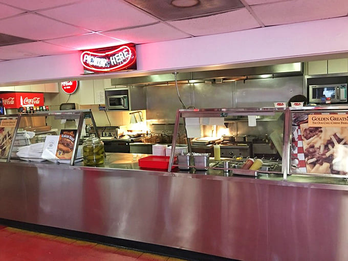 The counter where the magic happens, where orders are taken and hot dog dreams come true with practiced efficiency.