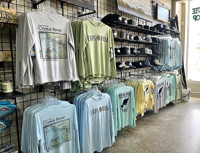 Colorful merchandise captures the Crystal River experience. These moisture-wicking shirts make perfect souvenirs that spread manatee awareness back home.