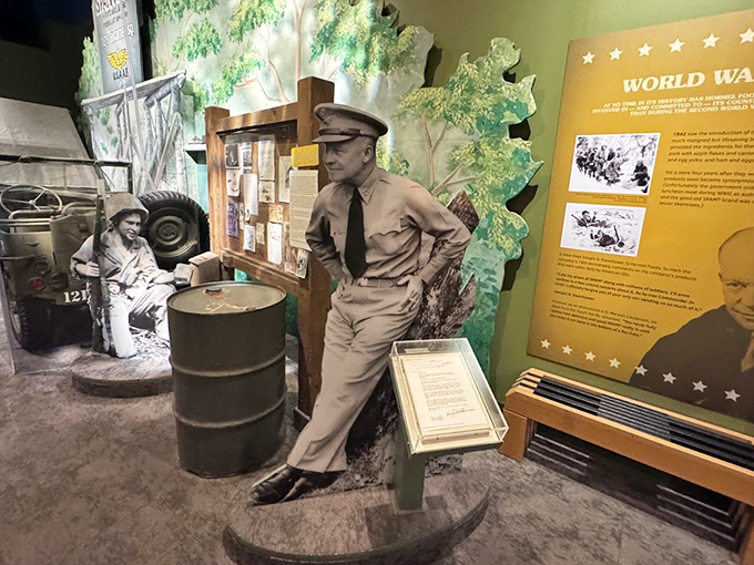 The poignant military exhibit features a life-sized soldier diorama, honoring SPAM's crucial role in feeding troops during World War II's darkest days.