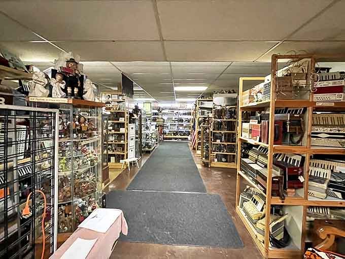 Looking down the museum's main corridor reveals the impressive scope of the collection, with instruments from floor to ceiling awaiting discovery.