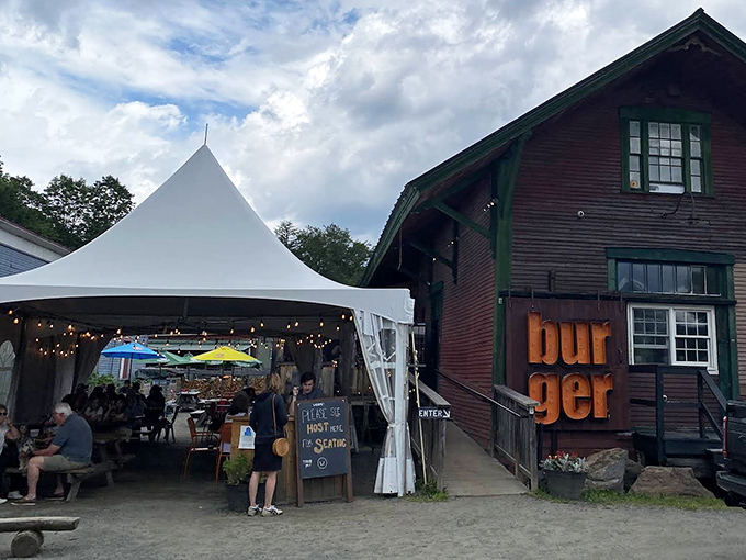 The outdoor dining tent extends the Worthy experience into nature, where picnic tables and string lights create Vermont's most delicious outdoor classroom.