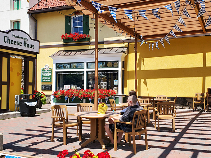Sun-dappled outdoor seating invites visitors to enjoy their purchases immediately. Why wait to get home when cheese tastes better in its natural habitat?