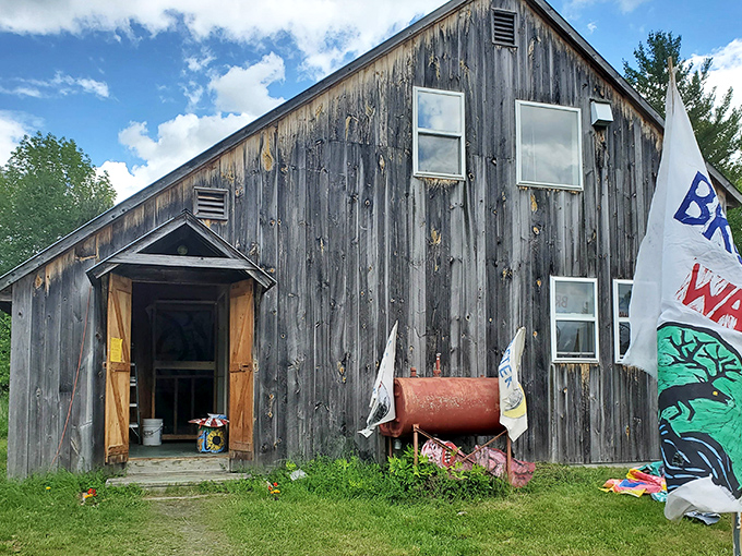 This weathered barn has witnessed more creative expression than most city galleries, its wooden boards seasoned with decades of artistic rebellion.