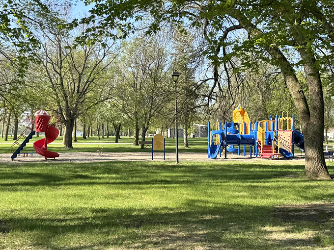 Playground equipment and mature shade trees creating the kind of neighborhood park that anchors community life across small-town America.