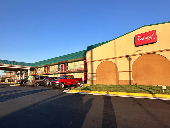 Red Roof Inn's familiar sign welcomes road-trippers to Benton Harbor, promising a good night's sleep before tomorrow's lakeside explorations.