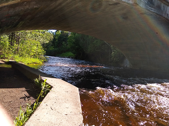 Experience the natural beauty of the Ocqueoc River, where rushing waters flow under the bridge near the famous underground falls.