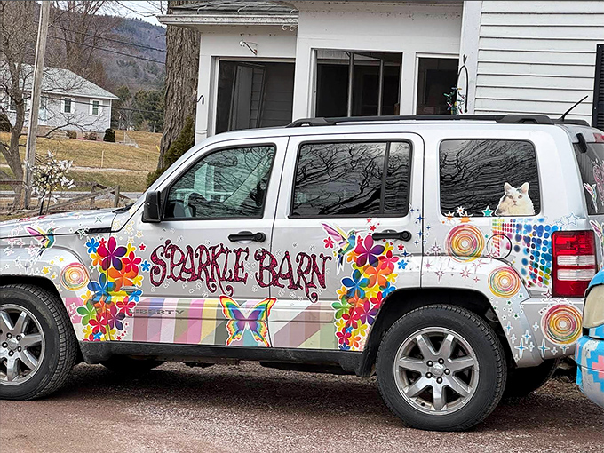 Even the Sparkle Barn vehicle embraces the shop's aesthetic &ndash; a rolling advertisement for joy and color against Vermont's scenic backdrop.