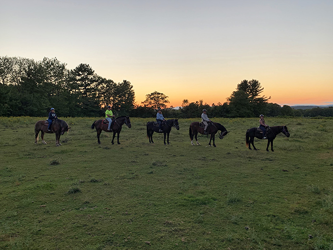 Silhouetted against the setting sun, riders experience the peaceful transition from day to evening – Maine's natural light show from horseback.