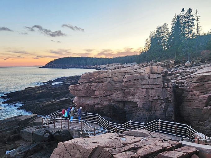 Sunset transforms Thunder Hole into a golden spectacle &ndash; proving that nature's best shows often happen right before the curtain falls.