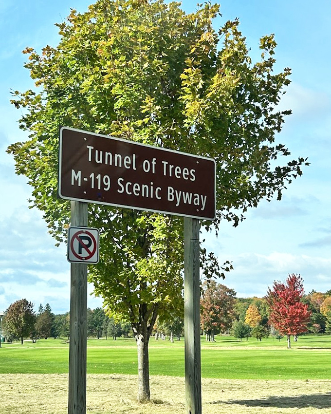 The Tunnel of Trees sign marks the entrance to one of Michigan's most beloved scenic byways &ndash; where the journey truly is the destination.