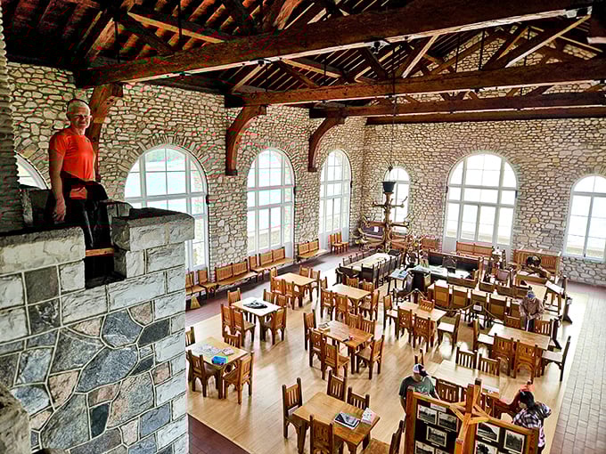 Viking Hall's interior reveals soaring wooden beams and rustic elegance, a space where you can almost hear echoes of long-ago gatherings.