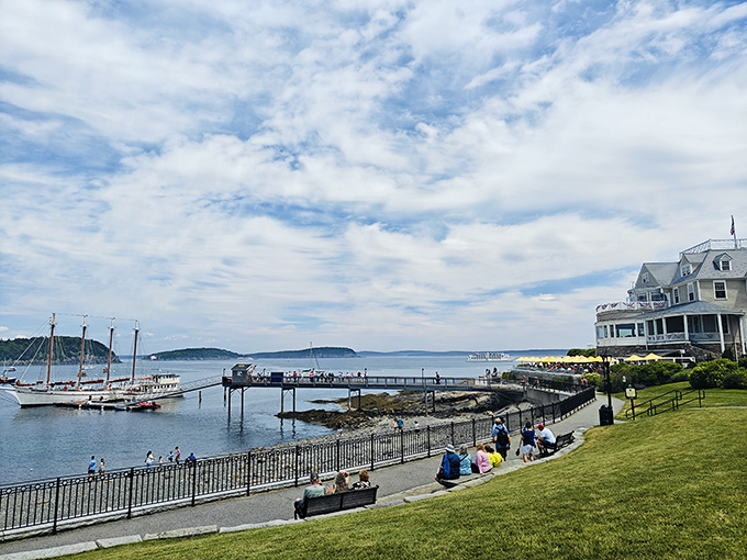 Benches along the grassy overlook provide perfect resting spots to absorb panoramic views that stretch to the horizon.