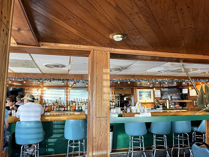 The bar's turquoise stools invite weary travelers to perch and ponder life's important questions, like "Another beer?" (The answer is yes).