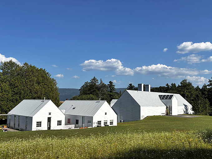 The center's distinctive white buildings nestle into the Vermont landscape, with rolling hills and mountains creating a natural frame.