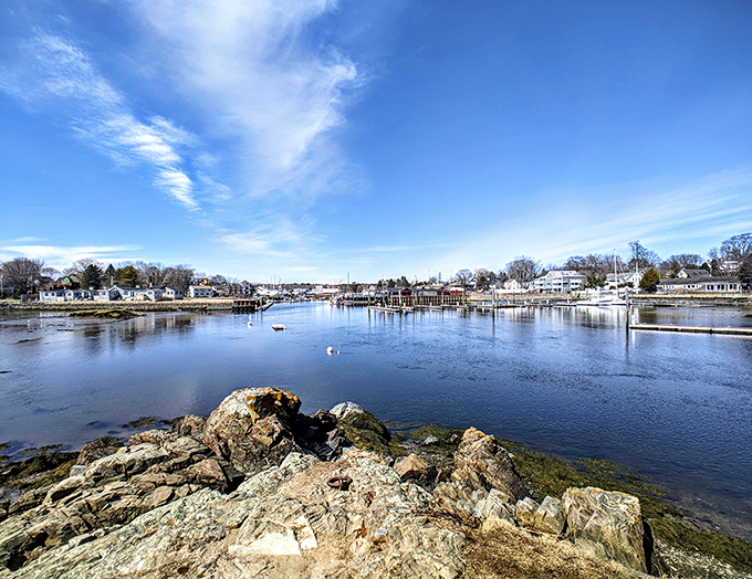 The harbor view from the monastery grounds reminds visitors of Kennebunkport's maritime heritage, with boats dotting the protected waters.