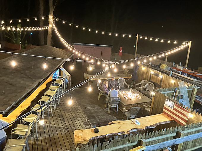 Twinkling lights transform this outdoor space into a magical evening destination that rivals any carnival midway.