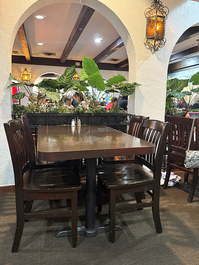 Plants create natural dividers between dining areas, adding lush greenery to complement the warm terracotta walls and Spanish architecture.