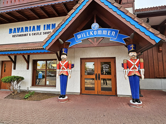 Toy soldiers stand eternal watch at the gateway to flavor town, welcoming hungry visitors to this slice of Bavaria in Michigan.