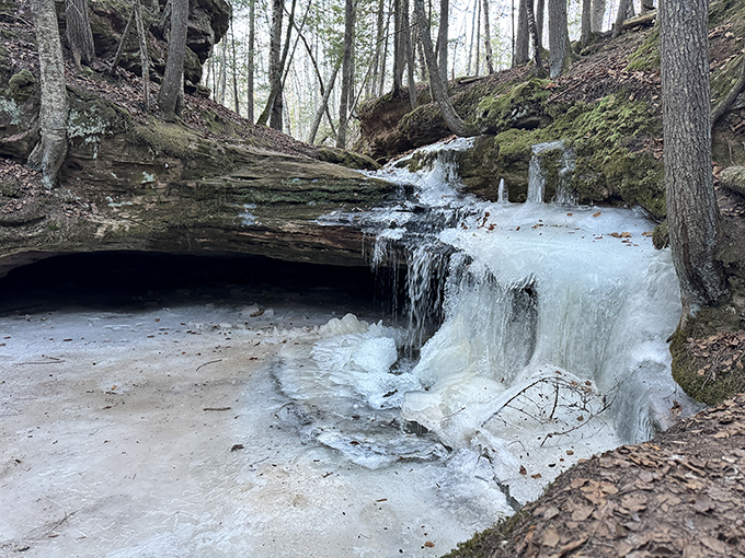 Winter's icy grip transforms the falls into a frozen masterpiece, suspending time itself in crystalline perfection.