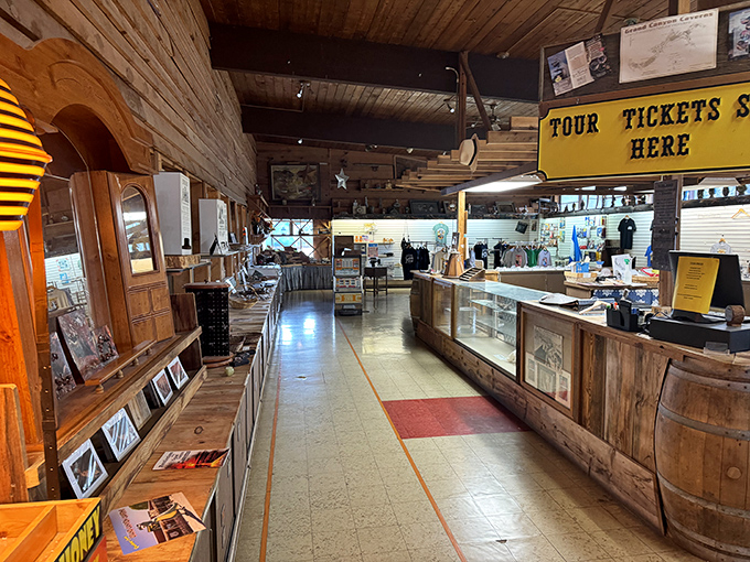 The rustic gift shop entrance welcomes explorers with Route 66 memorabilia and geological treasures.