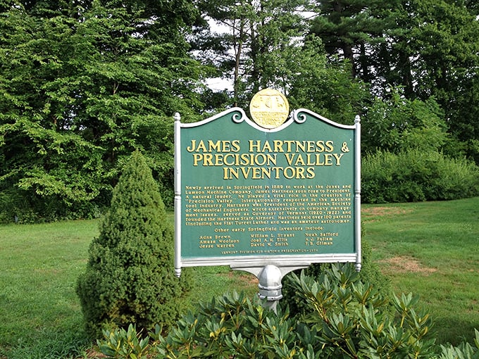 A historical marker that tells the tale without the tunnel tour &ndash; James Hartness's legacy of innovation stands proudly among Vermont's verdant landscape.
