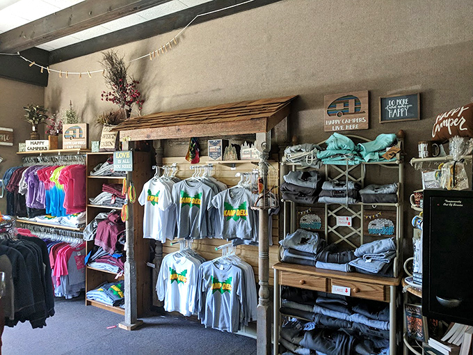 The gift shop's rustic charm houses everything from must-have souvenirs to those "oops-I-forgot-it" camping essentials.