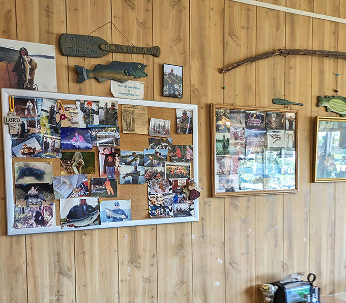 A wall of fishing photos tells the story of the community, one trophy catch at a time.