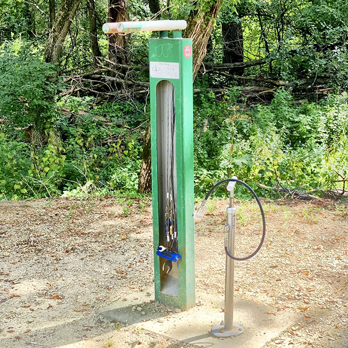Cyclists rejoice! This public repair station stands ready to handle any mechanical mishaps that might interrupt your journey.