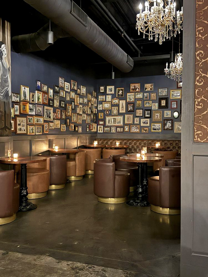 A gallery wall of memories creates the perfect backdrop for creating new ones, while leather seating invites you to stay awhile.