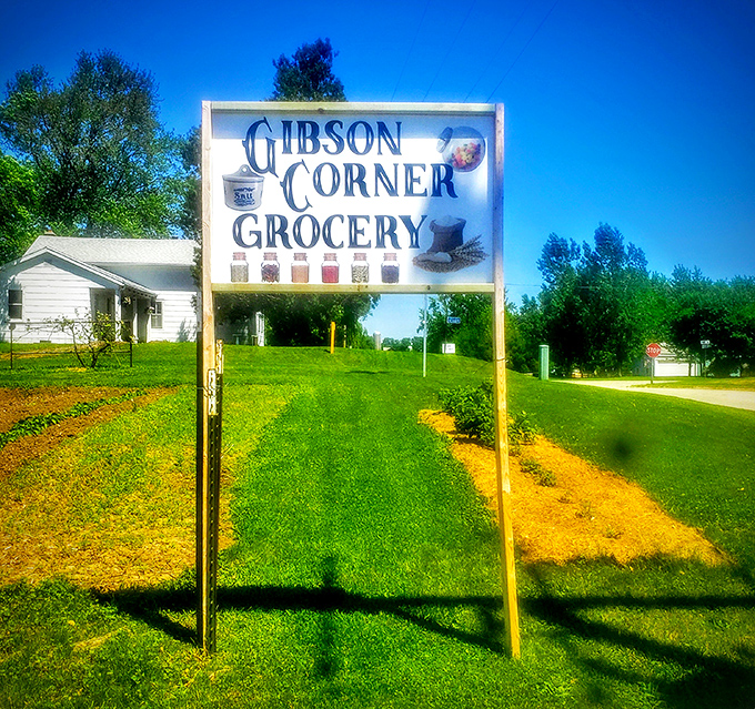 The modest sign for Gibson Corner Grocery promises little but delivers much – a true hidden gem in Wisconsin's rural landscape.