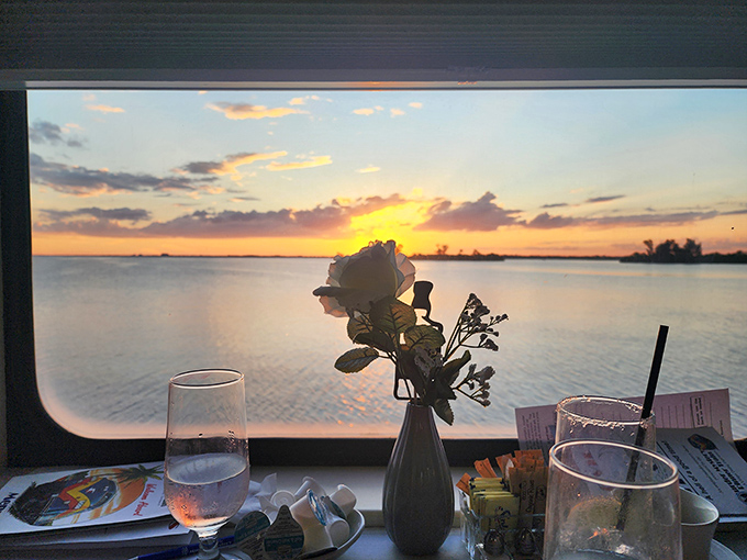 Sunset paints the water in golden hues outside the train window, nature's spectacular show competing with the drama unfolding inside.