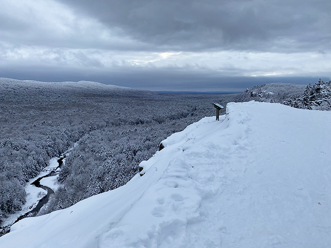 Snow transforms the landscape into a hushed wonderland where the frozen lake blends seamlessly with the white horizon.
