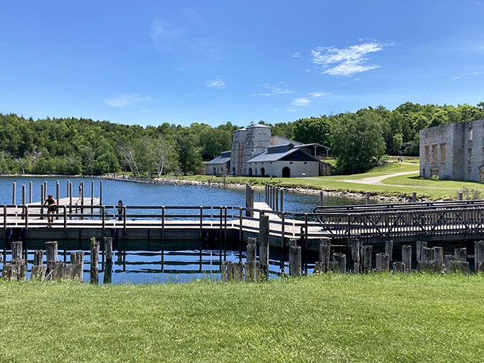 The reconstructed dock extends into the bay, offering visitors the same perspective ships' captains had when approaching this once-bustling port.