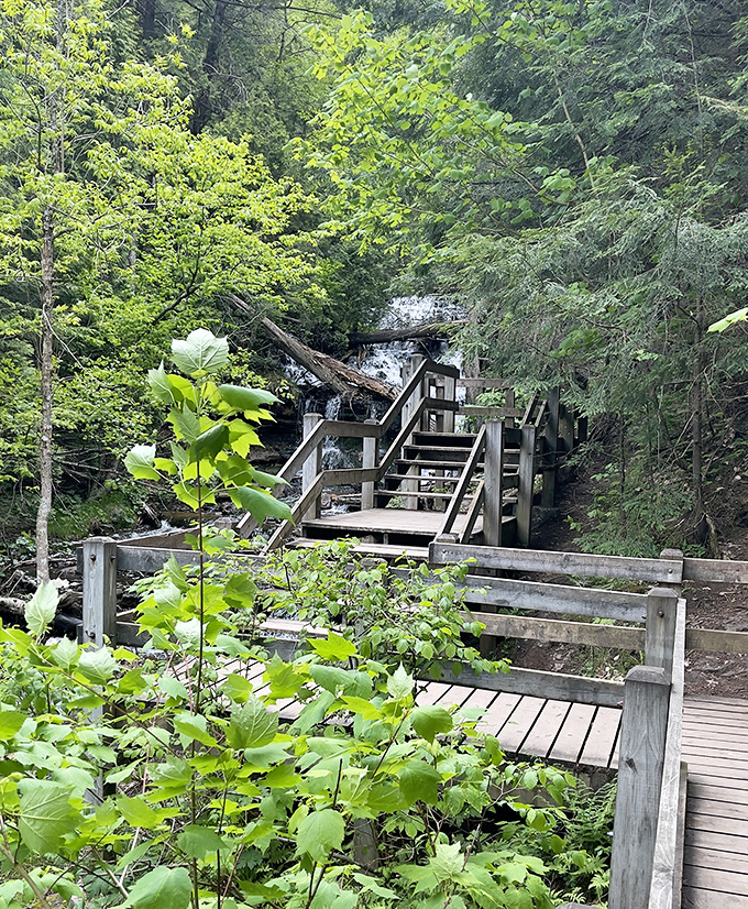 These rustic steps lead visitors to prime waterfall viewing &ndash; no mountain climbing skills required for this natural wonder.