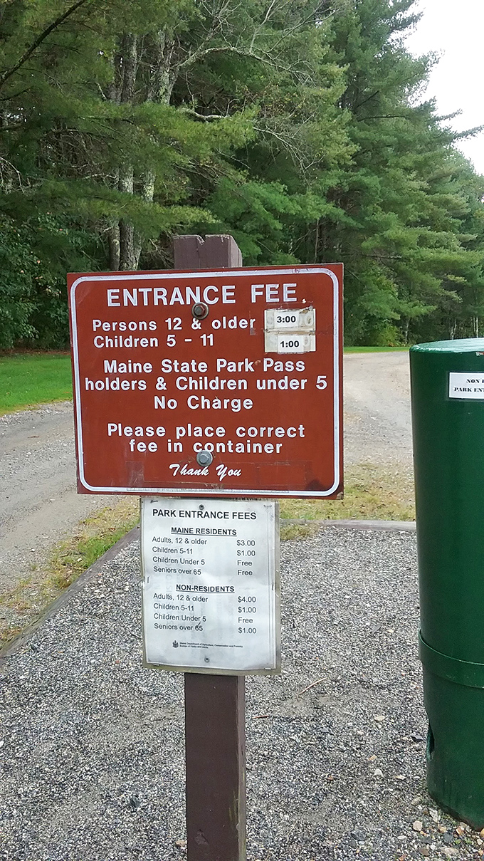 The park's modest entrance fee sign – perhaps the best value in New England for access to enchantment.