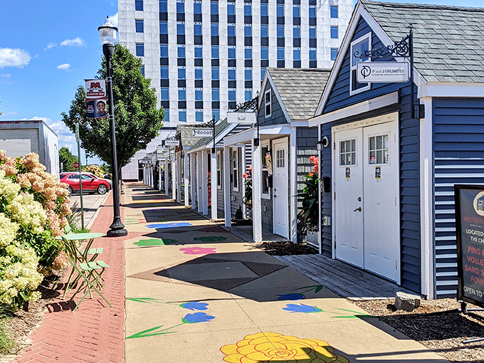 Stroll through the charming Western Market chalets in Muskegon, Michigan, where colorful flower murals lead you to wonderful local treasures.
