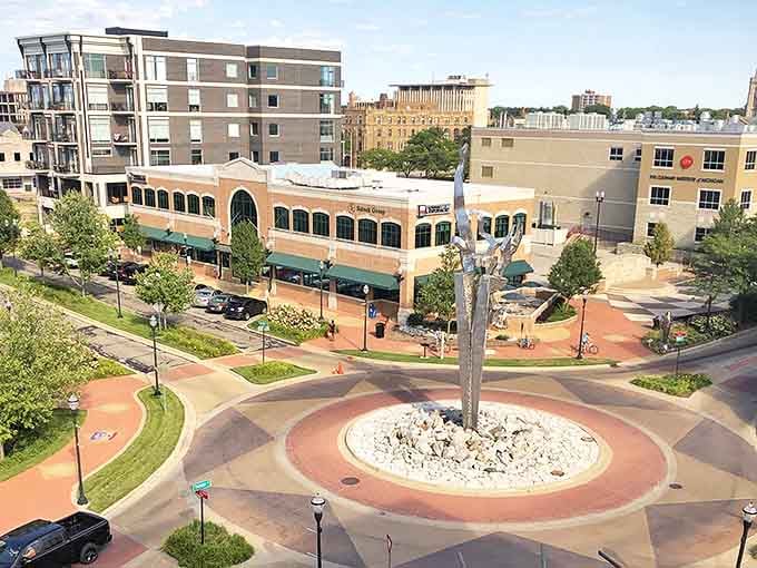 Muskegon's waterfront park features a circular gathering space where visitors can enjoy views of the channel and passing ships.