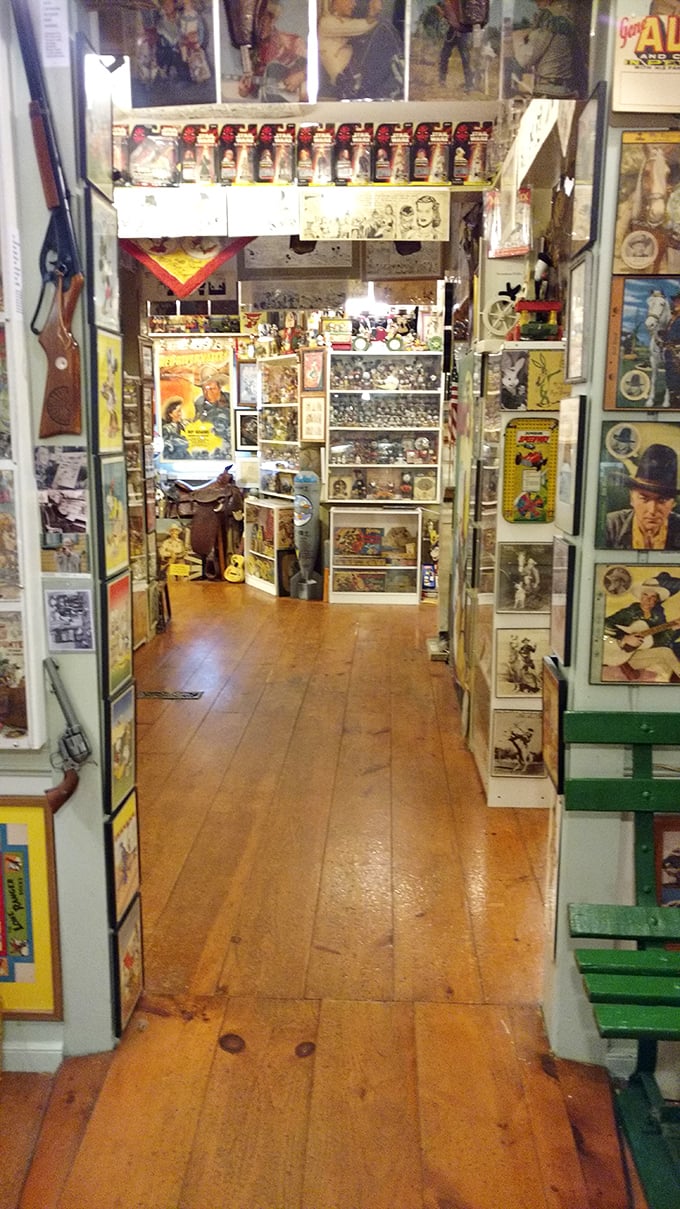 Narrow pathways wind through towering displays of collectibles and memorabilia, offering nostalgic treasures at every turn.
