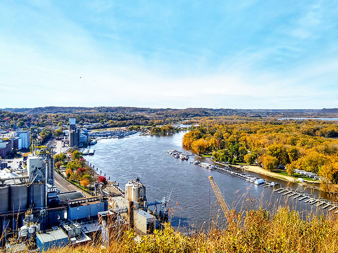 The mighty Mississippi flows past river towns that have grown up along its banks, their economies and identities shaped by the great river.
